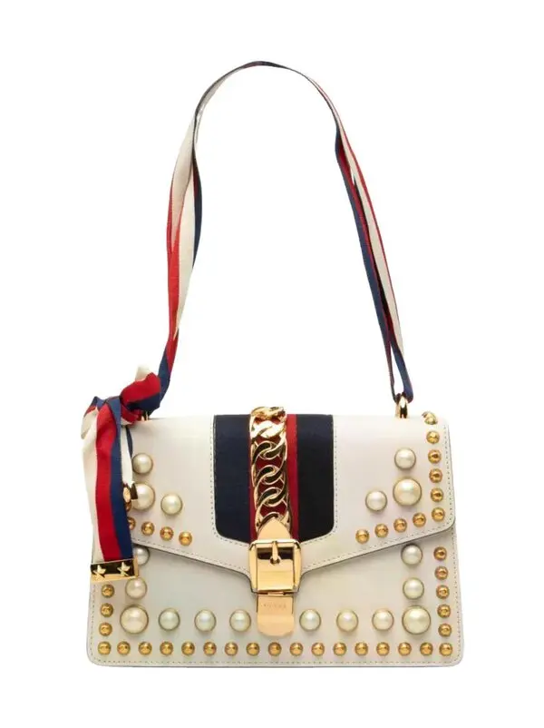 Gucci Calfskin Web Sylvie Satchel With Stud And Pearl Embellishments - White