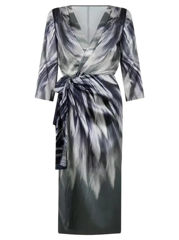 Alberta Ferretti Feather Print Belted Midi Dress - Grey