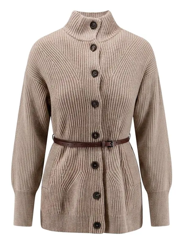 Brunello Cucinelli Wool, Cashmere, And Silk Blend Cardigan With Monili Belt - Brown