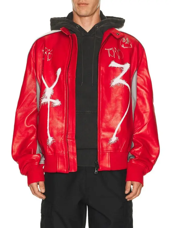 Y3 Gfx Leather Zip-up Jacket - Red