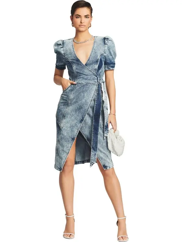 Retrofete Zelda Wrap Dress In Distressed Denim With Puff Sleeves And Slit - Sienna