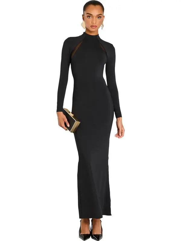 SEROYA Krystal Maxi Dress With Mesh Paneling - Black