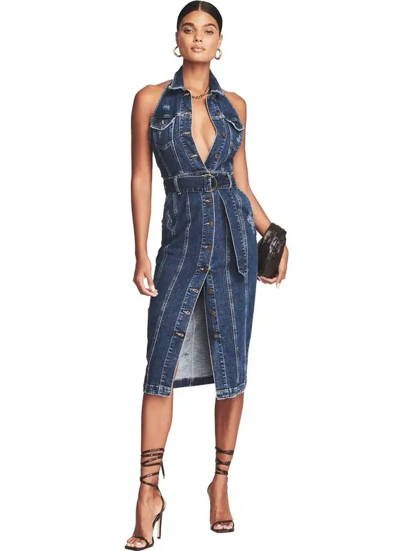 Retrofete Logan Denim Halter Midi Dress With Belt - Sapphire