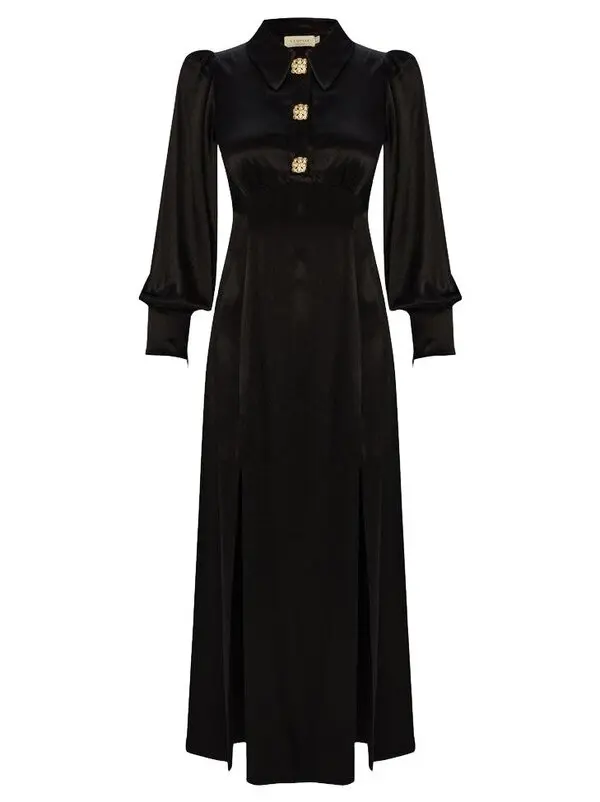 EXQUISE Alivia Midi Dress With Button Detail And Slit - Black