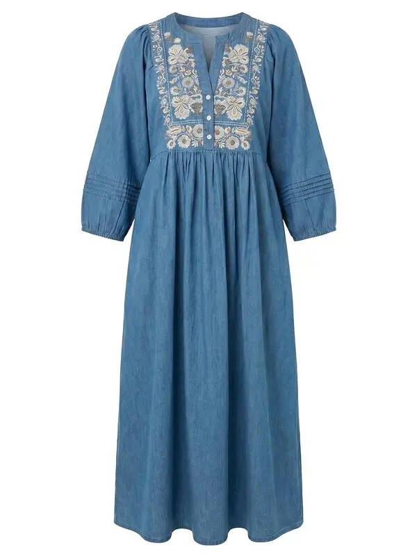 Adrift Clothing Elodie Chambray Smock Maxi Dress - Blue