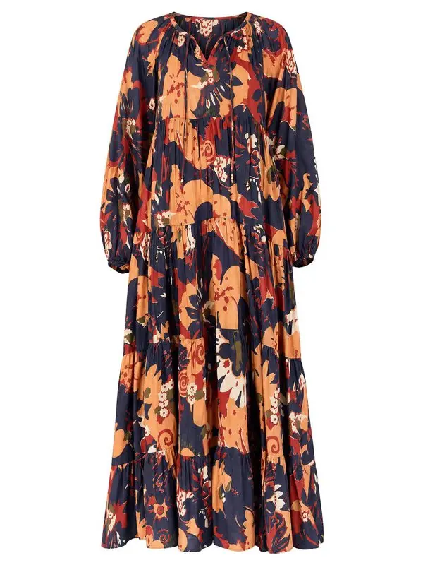 Adrift Clothing Layla Cotton Silk Tiered Maxi Dress In Wildwood Print - Blue