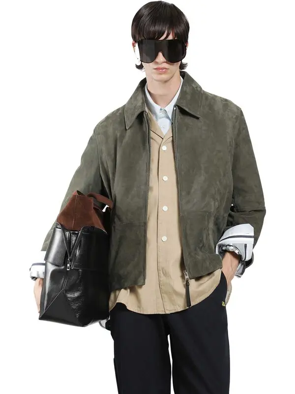 Loewe Suede Zip-up Jacket With Pointed Collar - Green