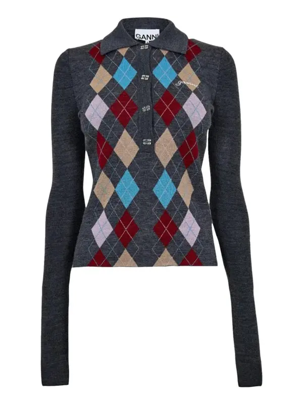 GANNI Argyle Knit Polo Shirt - Black