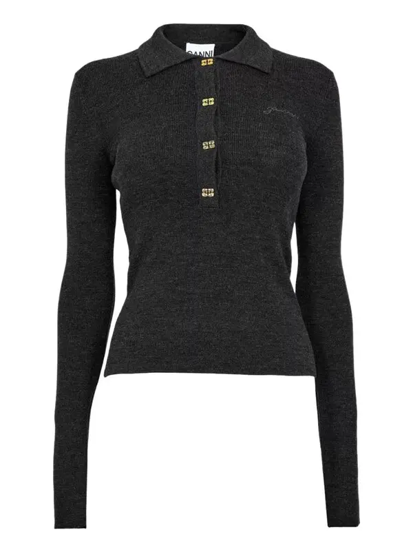 GANNI Polo Collar Knitwear With Logo Detail - Black