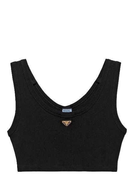 Prada Rib Knit Cropped Top With Enamel Logo - Black