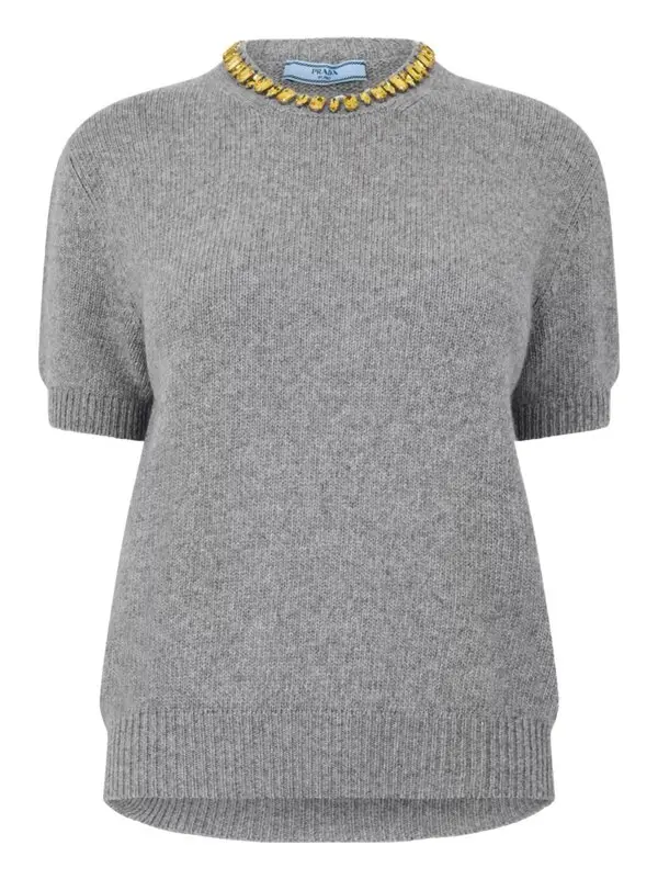 Prada Embellished Round Neck Short Sleeve Sweater - Gray