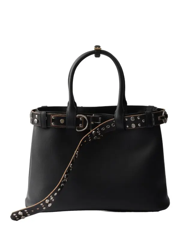 Prada Large Leather Bag With Studded Belt - Black