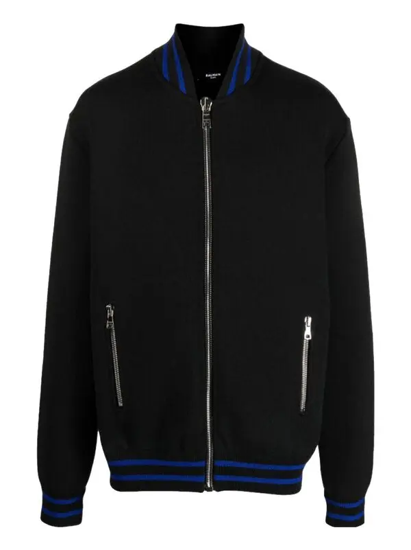 Balmain Drop Shoulder Knitted Bomber Jacket With Zip-up Closure And Striped Details - Black