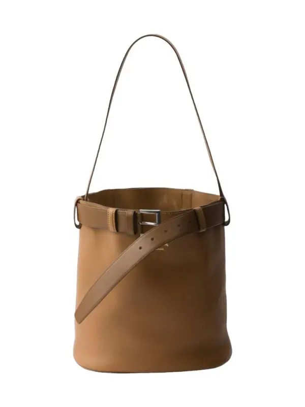 Prada Buckled Leather Bucket Bag - Caramel