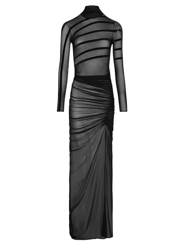 JEAN PAUL GAULTIER Mesh Maxi Dress With Flocked Stripes - Black