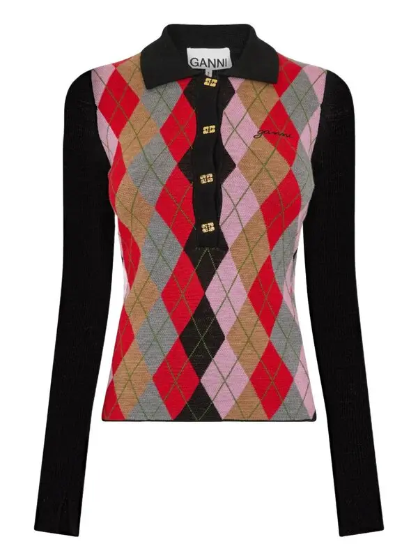 GANNI Argyle Knit Polo Top - Black
