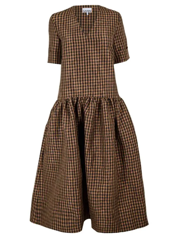 GANNI Plaid Short Sleeve Midi Dress - Brown