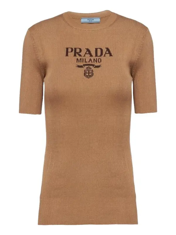 Prada Logo Embroidered Ribbed Top - Camel Brown