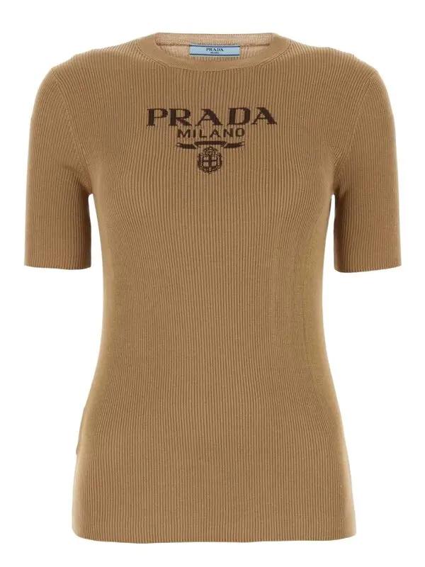 Prada Logo Embroidered Ribbed Top - Camel Brown