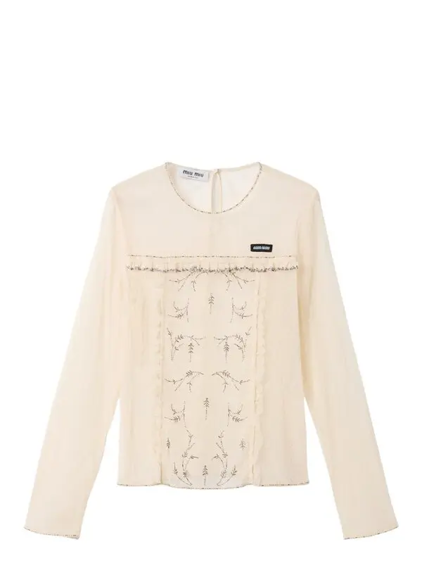Miu Miu Embroidered Tulle Top - Nude