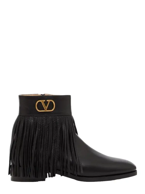Valentino Garavani Leather Ankle Boots With Fringe And Logo Detail - Black