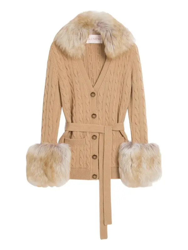 Valentino Garavani Cashmere Cardigan With Sheepskin Trim - Camel