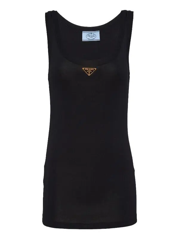 Prada Ribbed Knit Jersey Tank Top With Enameled Logo - Black