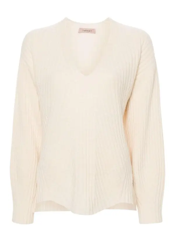 TWINSET V-neck Knitted Jumper With Side Slits - Snow