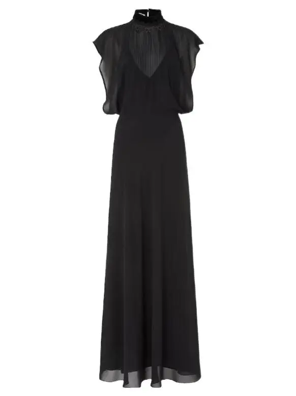 Fendi Georgette Dress With Cape Bodice And Embroidered Motif - Black