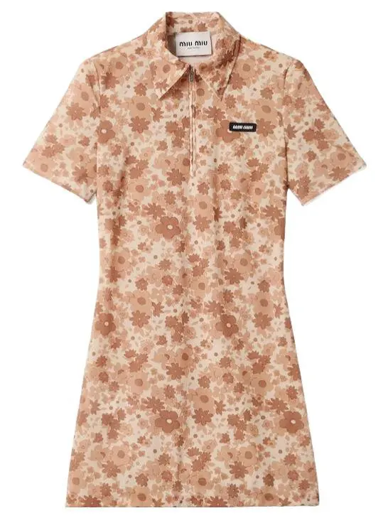 Miu Miu Stretch Fabric Mini Dress With Floral Print - Nude