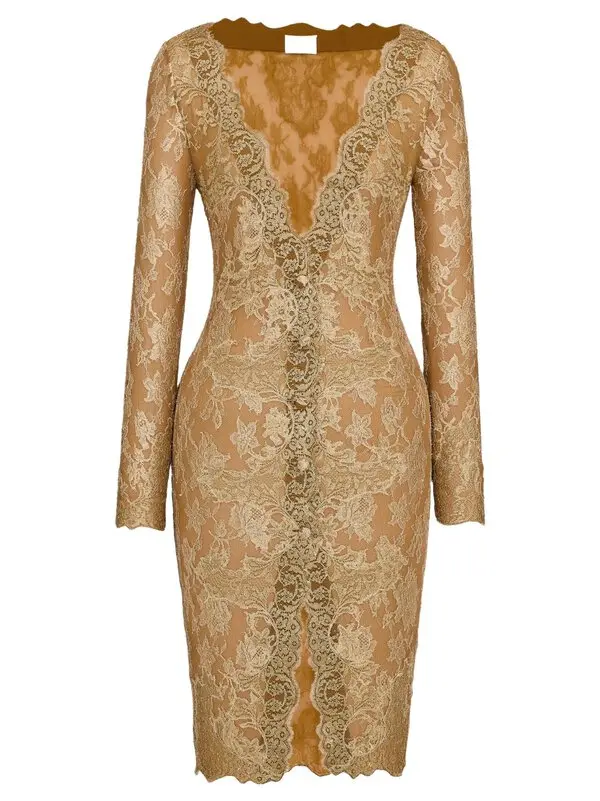 Saint Laurent Long Sleeve Lace Dress - Nude