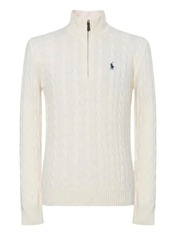 Polo Ralph Lauren Pony Embroidered Cable Knit Quarter Zip Jumper - White