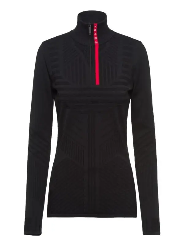 Prada Textured Logo Detail Turtleneck Top - Black