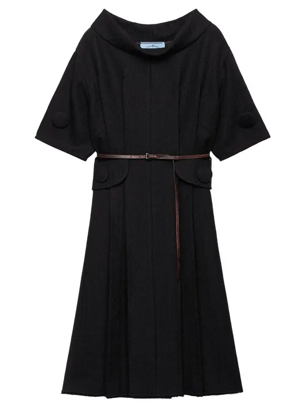 Prada Short-sleeve Chevron Wool Dress With Belt - Black