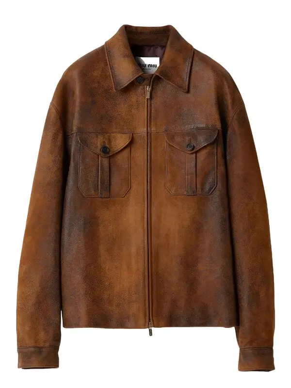 Miu Miu Waxed Suede Leather Jacket With Vintage Finish - Cognac
