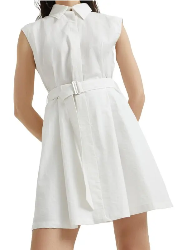 Brunello Cucinelli Embellished Texture Twill Belted Mini Shirt Dress - White