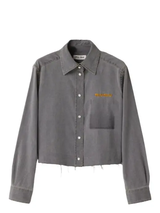 Miu Miu Cropped Chambray Shirt With Letter Details - Grey
