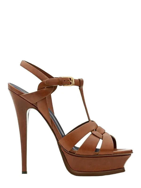 Saint Laurent Tribute Platform Stiletto Sandals In Smooth Leather - Brown