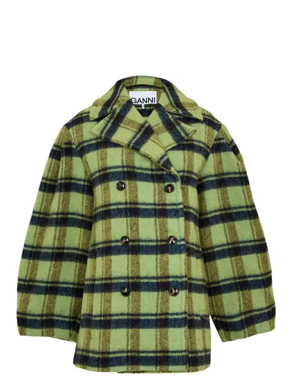 GANNI Brushed Wool Check Teddy Coat - Green