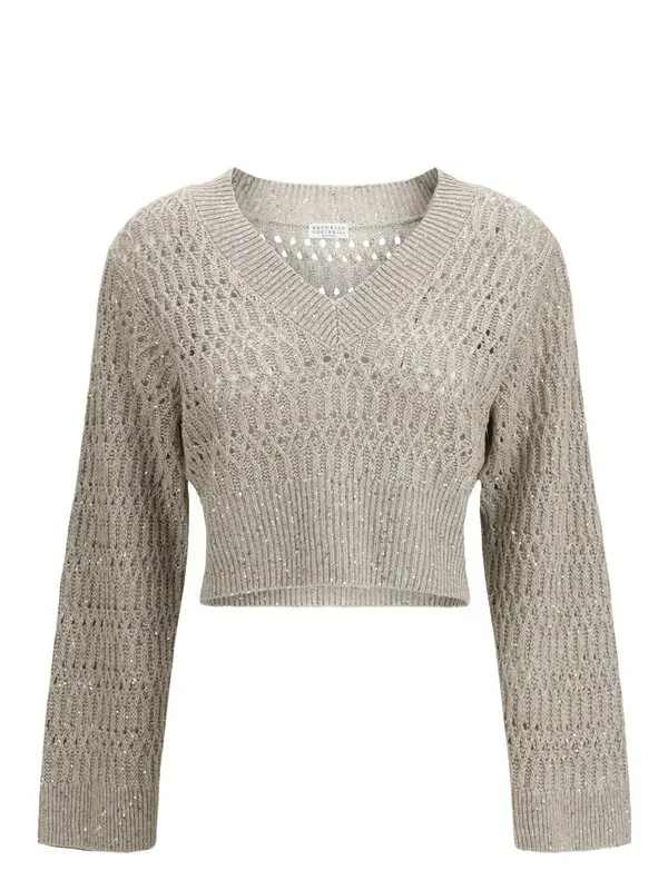 Brunello Cucinelli Long Sleeve V-neck Sweater With Sequins - Gray