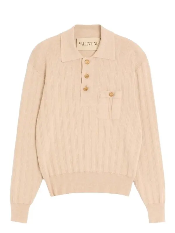 Valentino Garavani Button Detailed Long-sleeved Ribbed Polo Shirt - Nude