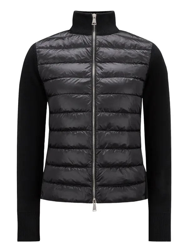 Moncler Quilted Padded Cardigan With Wool Knit - Black