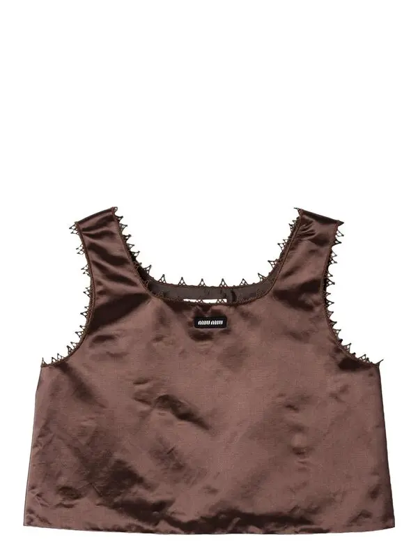 Miu Miu Satin Crop Top With Embroidered Neckline And Cuffs - Cocoa Brown