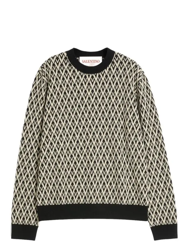 Valentino Garavani Crewneck Wool Jumper With All-over Jacquard Pattern - Black/cream