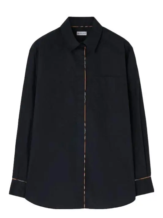 Burberry Relaxed Fit Cotton Shirt With Check Piping - Navy