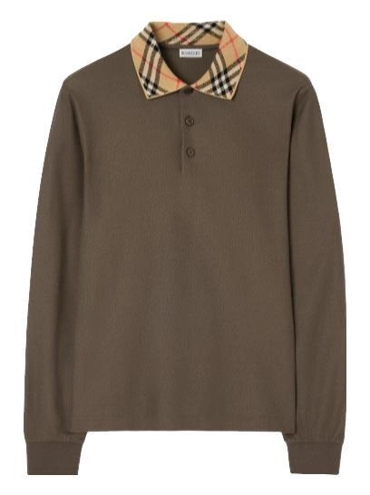 Burberry Long-sleeve Check Collar Cotton Polo Shirt - Tan