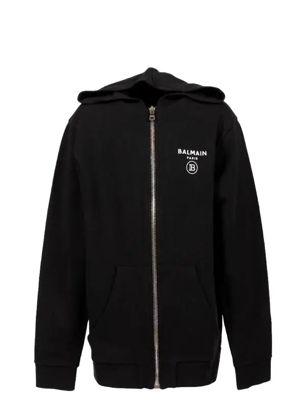 Balmain Logo Print Zipped Hoodie - Black