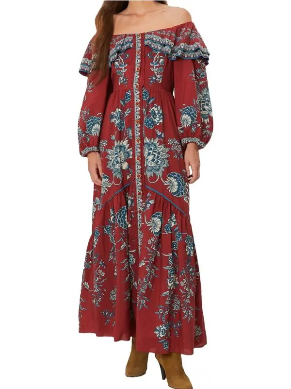 Farm Rio Off-the-shoulder Ruffled Floral Maxi Dress - Red