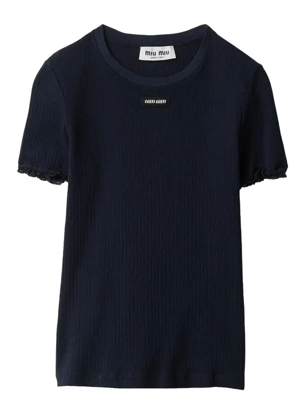 Miu Miu Ribbed Knit Cotton Top With Lace Trim - Navy Blue