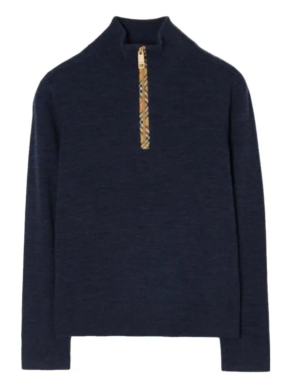 Burberry Check Trim Wool Half-zip Sweater - Deep Navy Blue